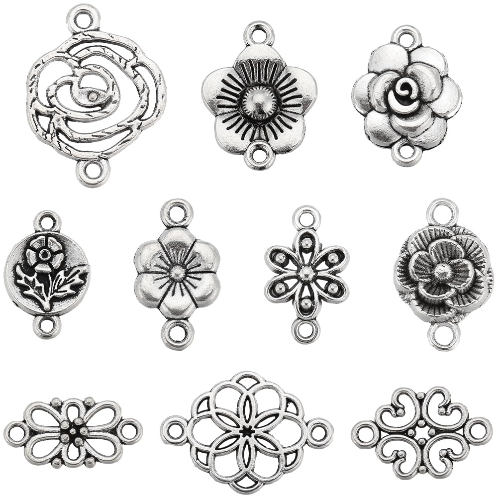 Amazon.com: SUNNYCLUE 1 Box 100Pcs 10 Styles Silver Flower Connector ...