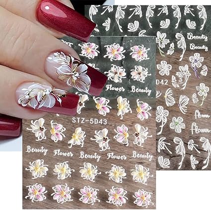 3D Embossed Flowers Nail Art Stickers Decals 4 Sheets 5D Self-Adhesive ...