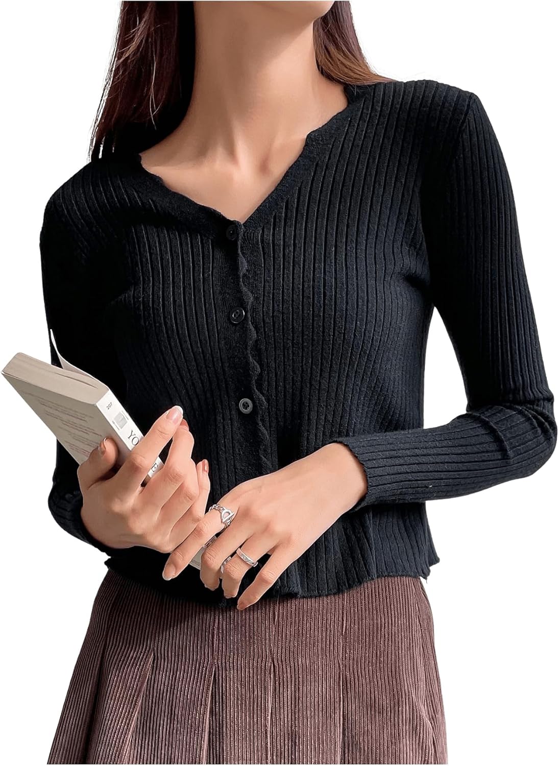 GORGLITTER Women's Cute Button Up Sweaters Open Front Cardigan Ribbed ...