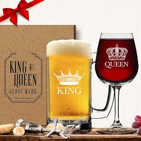 Amazon.com | King and Queen Beer and Wine Glass Gift Set of 2 | Fun ...