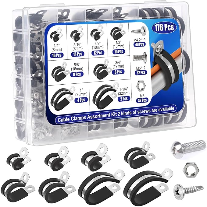 Jupwalz 176Pcs Cable Clamps Set, 8 Sizes Rubber Insulated Clamps with ...