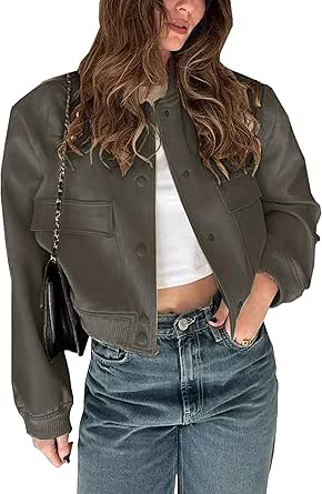 Megfie Women's Short Button Down Bomber Jacket with Pockets, dark grey ...