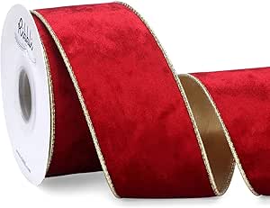 Amazon.com: Ribbli Red Velvet Wired Ribbon 2.5 Inch Metallic Red Gold ...