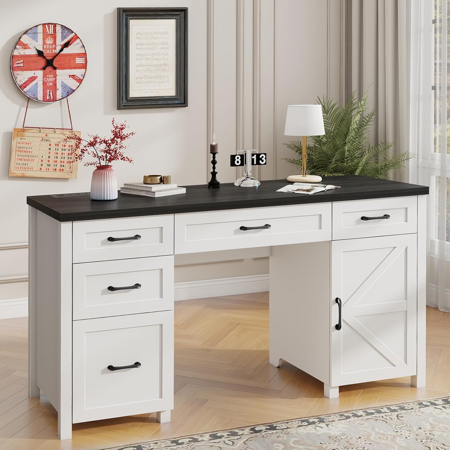 Amazon.com: Farmhouse 61'' Executive Desk with 5 Drawers, Rustic Office ...