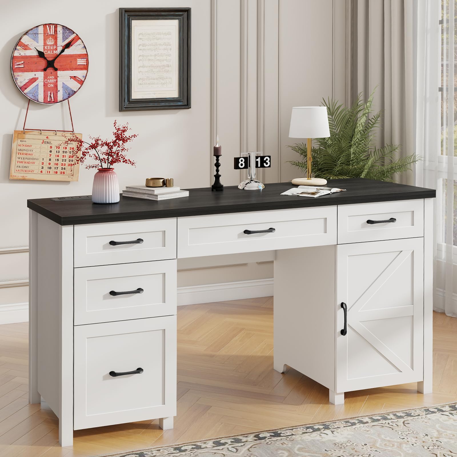 Amazon.com: Farmhouse 61'' Executive Desk with 5 Drawers, Rustic Office ...