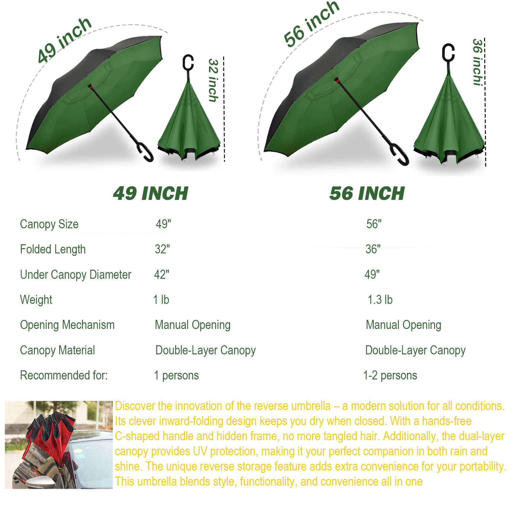 SIEPASA 40/49/56/62 Inch Inverted Reverse Upside Down Umbrella, Extra ...