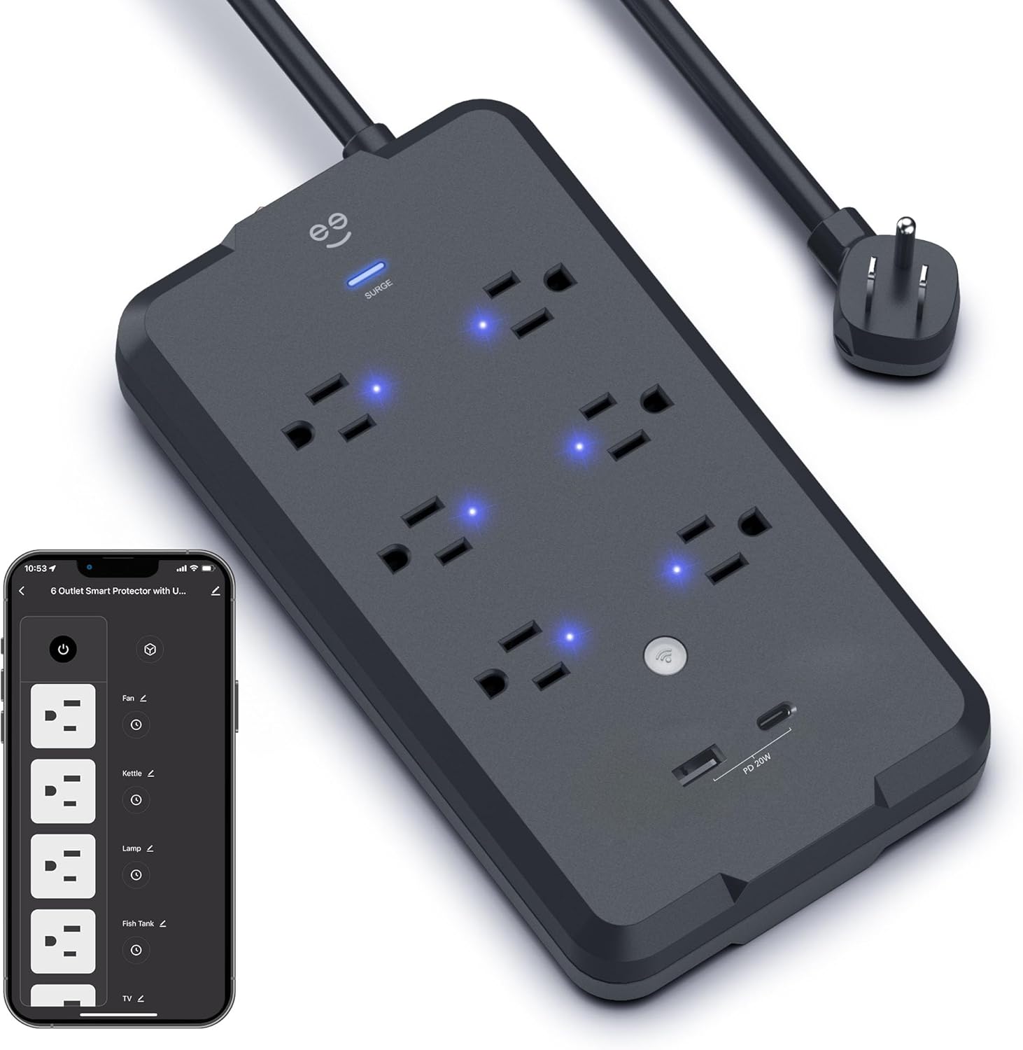 Geeni Surge Ultra Smart Wi-Fi Surge Protector with 6 Individually Controlled Outlets and 2 Fast ...