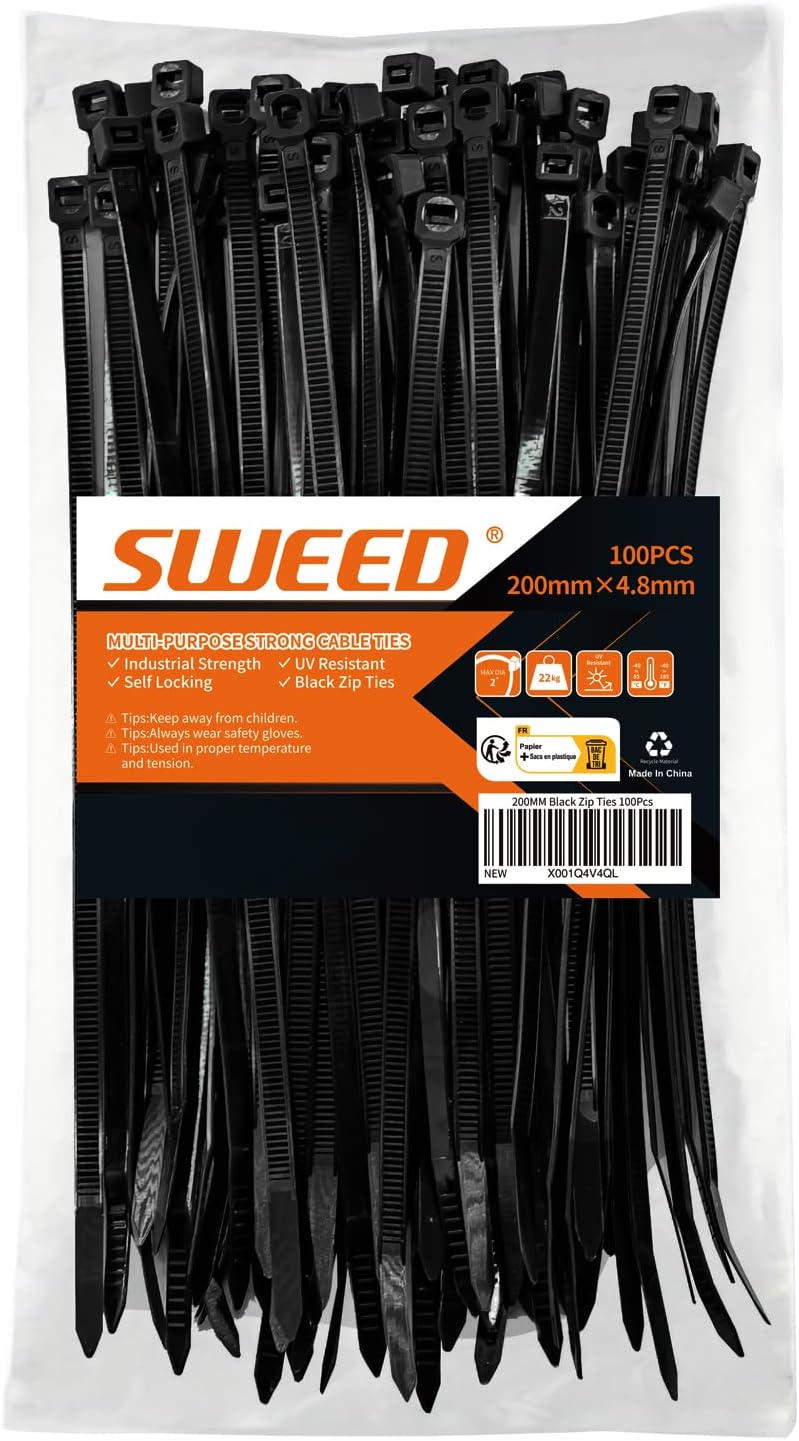 SWEED Kabelbinder Schwarz 200mm x 4.8mm, 100 Stück Kabelbinder UV ...