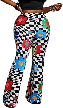 Floerns Women's Plus Size Floral Checkered Bell Bottom Pants Elastic ...