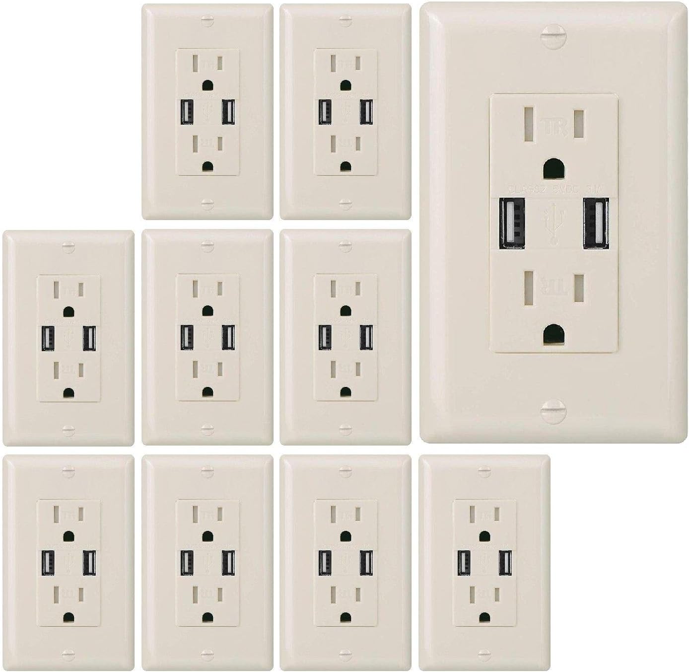 Pack of 10 Almond USB Charger Power Outlet - UL Listed High Speed Dual ...