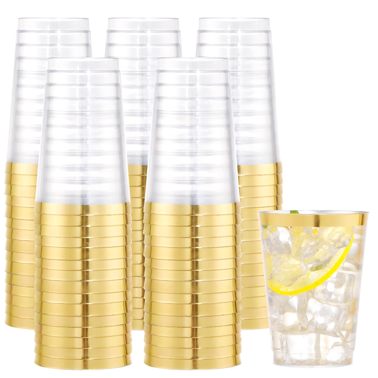 I00000 100PCS Gold Plastic Cups,10 oz Clear Plastic Cups with Gold Trim ...