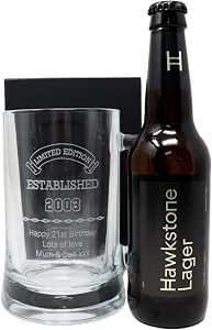 Regalo Personalised Engraved Pint Glass Tankard & Bottle of Hawkstone ...