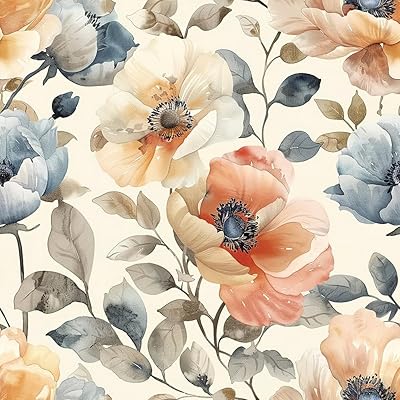 REDAMANCY ICY Blue White Grey Large Floral Leaf Watercolor Plants Peel and Stick Wallpaper Stick ...