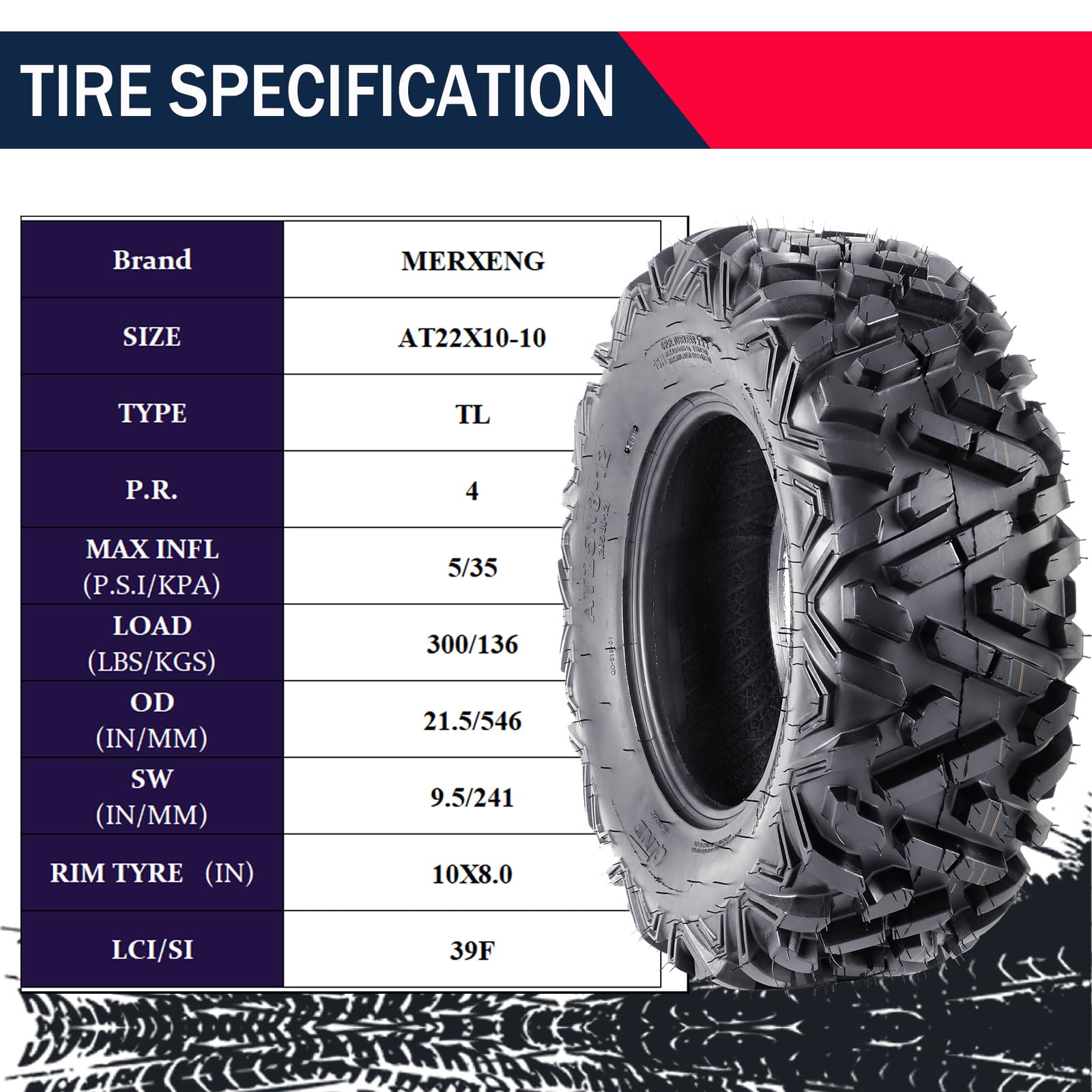 Snapklik.com : MERXENG AT22X10-10 4PR TL Tire - All Terrain 22x10-10 Tires