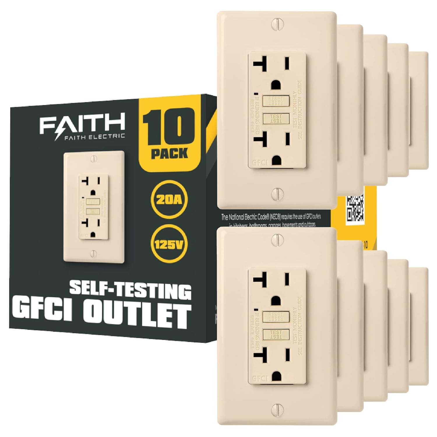 Faith [10-Pack] 20A GFCI Outlets, Non-Tamper-Resistant GFI Duplex ...