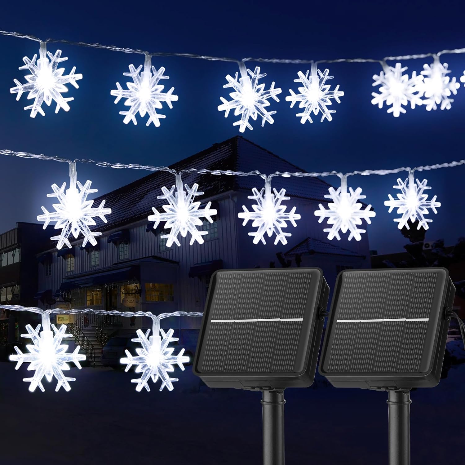 Brightown Solar Christmas Snowflake String Lights 2-Pack 100 LED 66FT ...