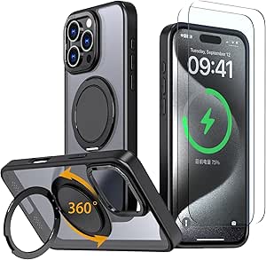 Amazon.com: HCXLYP Strong Magnetic for iPhone 16 Pro Case with 360° Rotatable Stand [with 2 ...