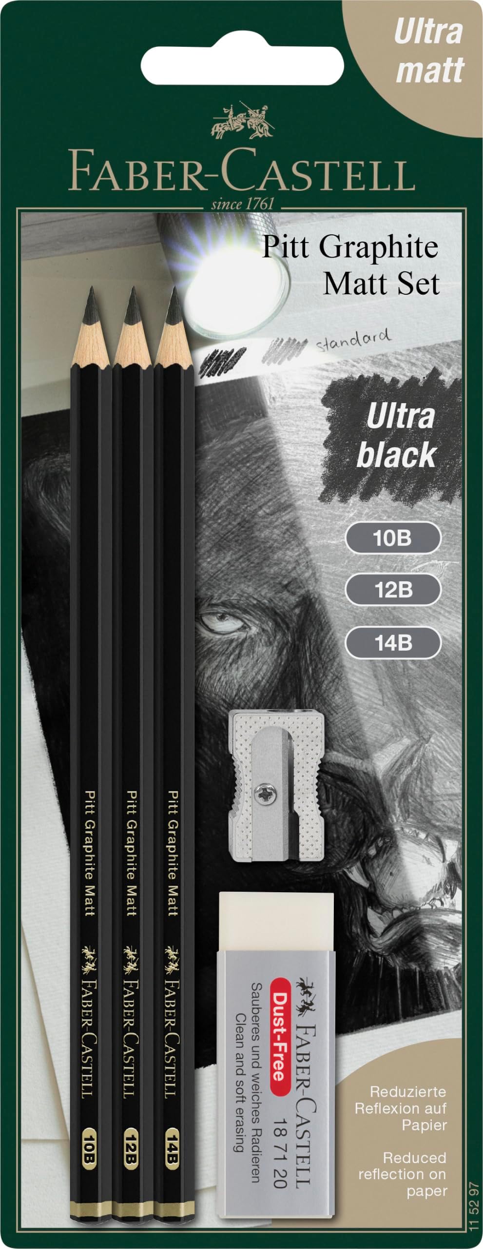 Faber-Castell 3 unidades de estanho fosco grafite Pitt - 10B, 12B, 14B ...