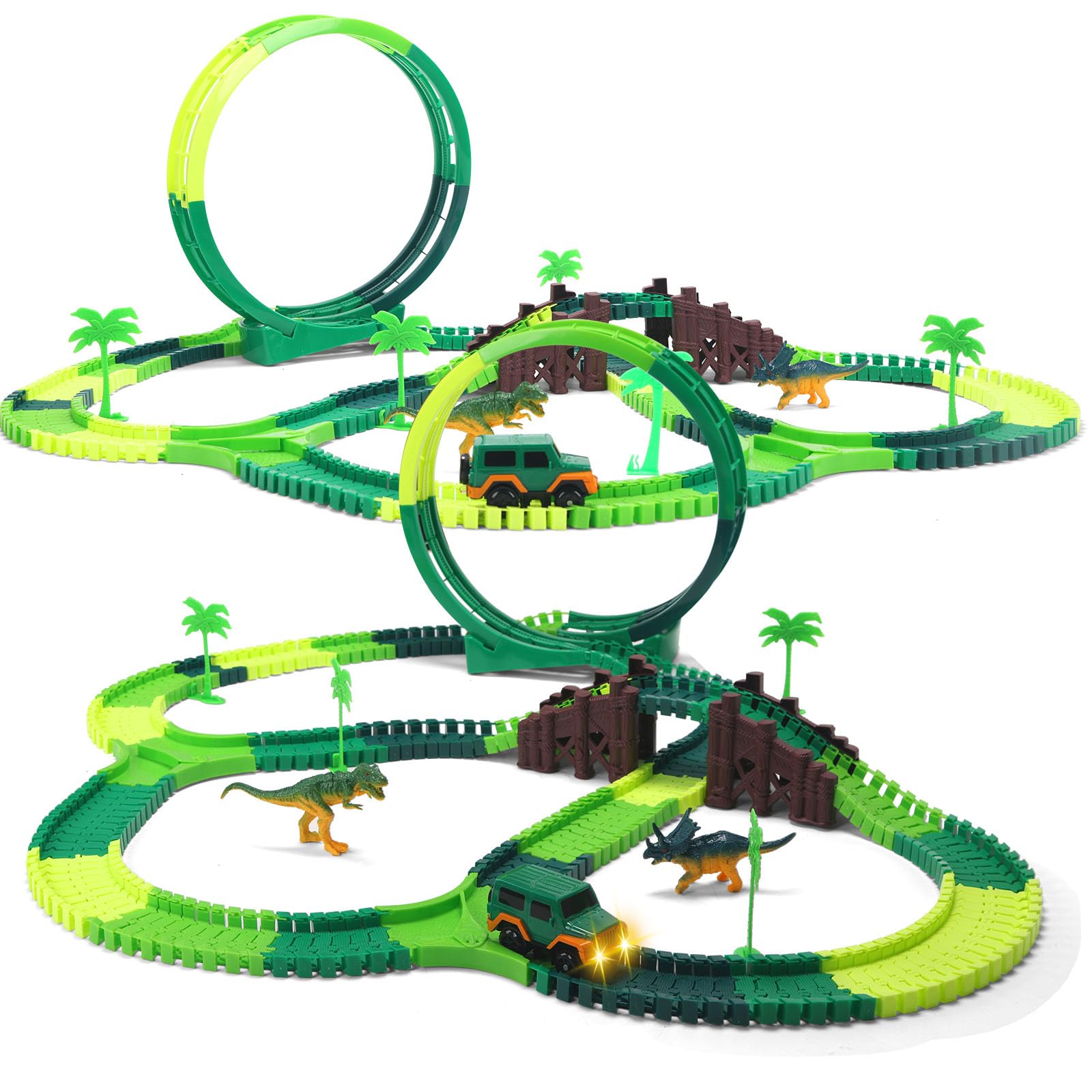 EagleStone Dinosaur Toys Race Track Set 245 PCS for Kids, Flexible Train Tracks with 2 Dinosaurs ...