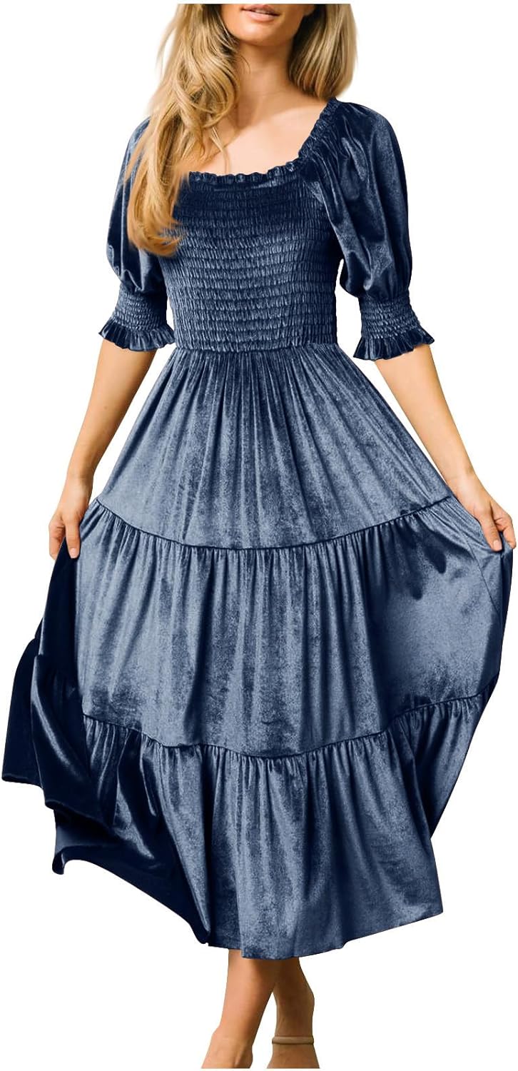 Amazon.com: Velvet Dresses for Women Square Neck Flare Sleeve Fall ...