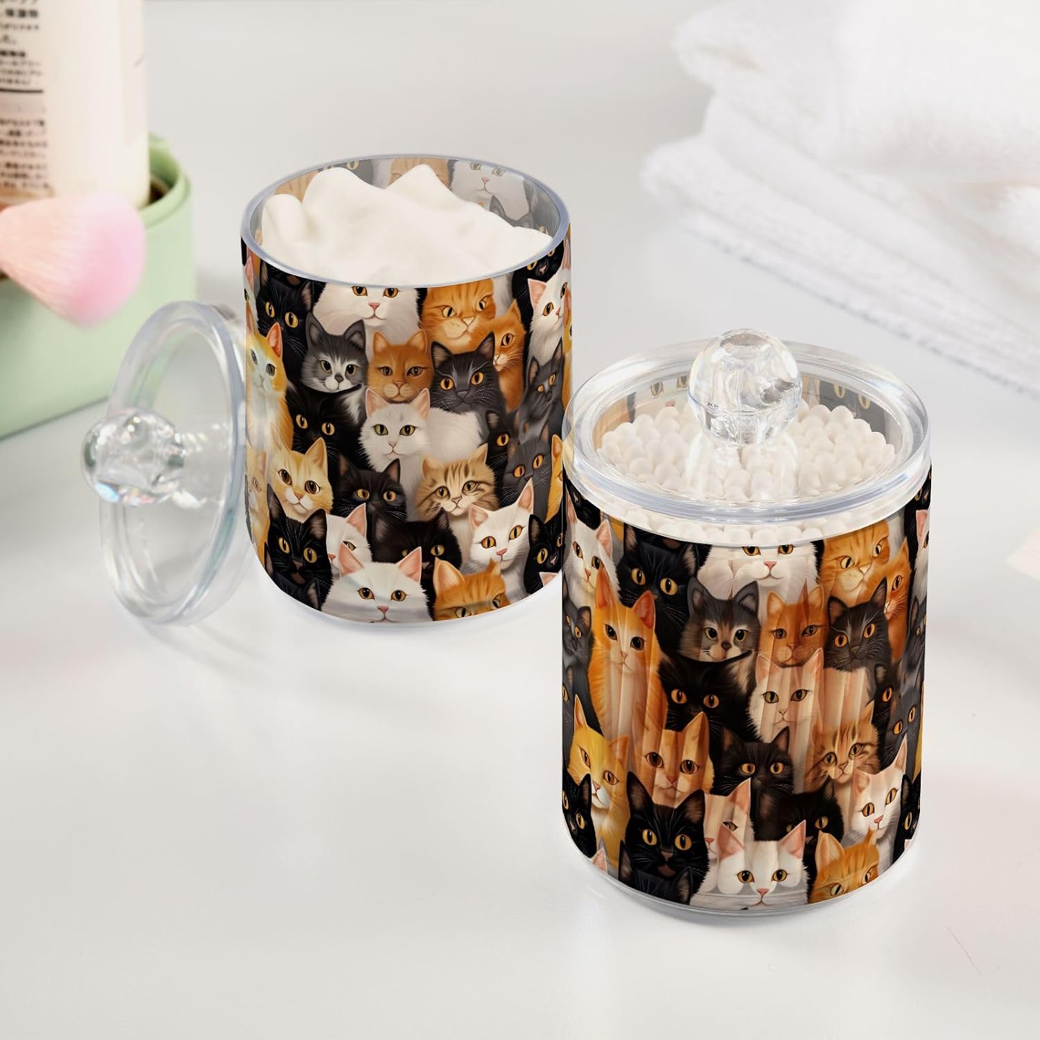 CHIFIGNO Cute Small Cats Qtip Holder Dispenser Set of 2, Clear Plastic ...