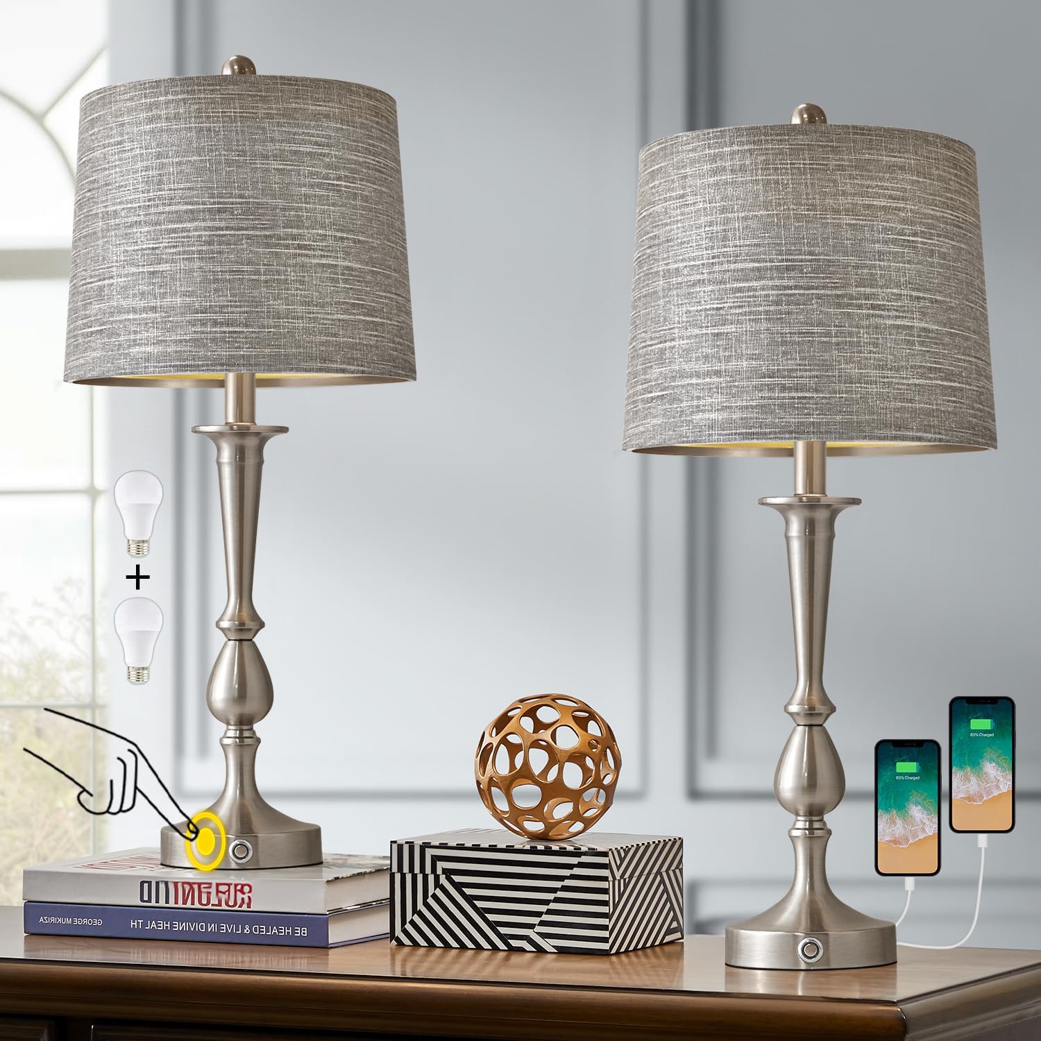 Table Lamps and Floor Lamp Set of 3: Height Adjustable Silver Lamps ...