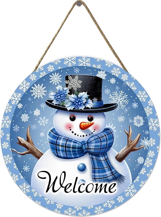 Amazon.com: BMOWLLYSG Welcome Winter Snowman Blue Front Door Sign ...