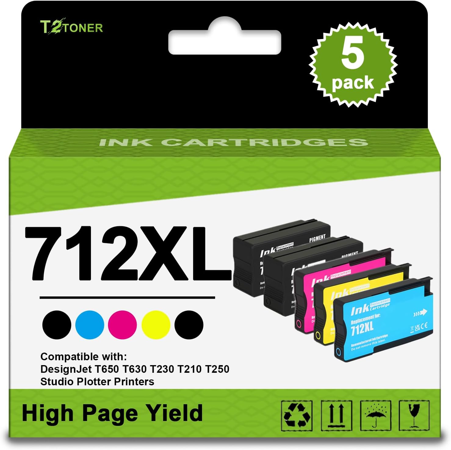 Amazon.com: 712XL Ink Cartridges 5-Pack Remanufactured 712 Ink Cartridge 80ml Replacement for ...