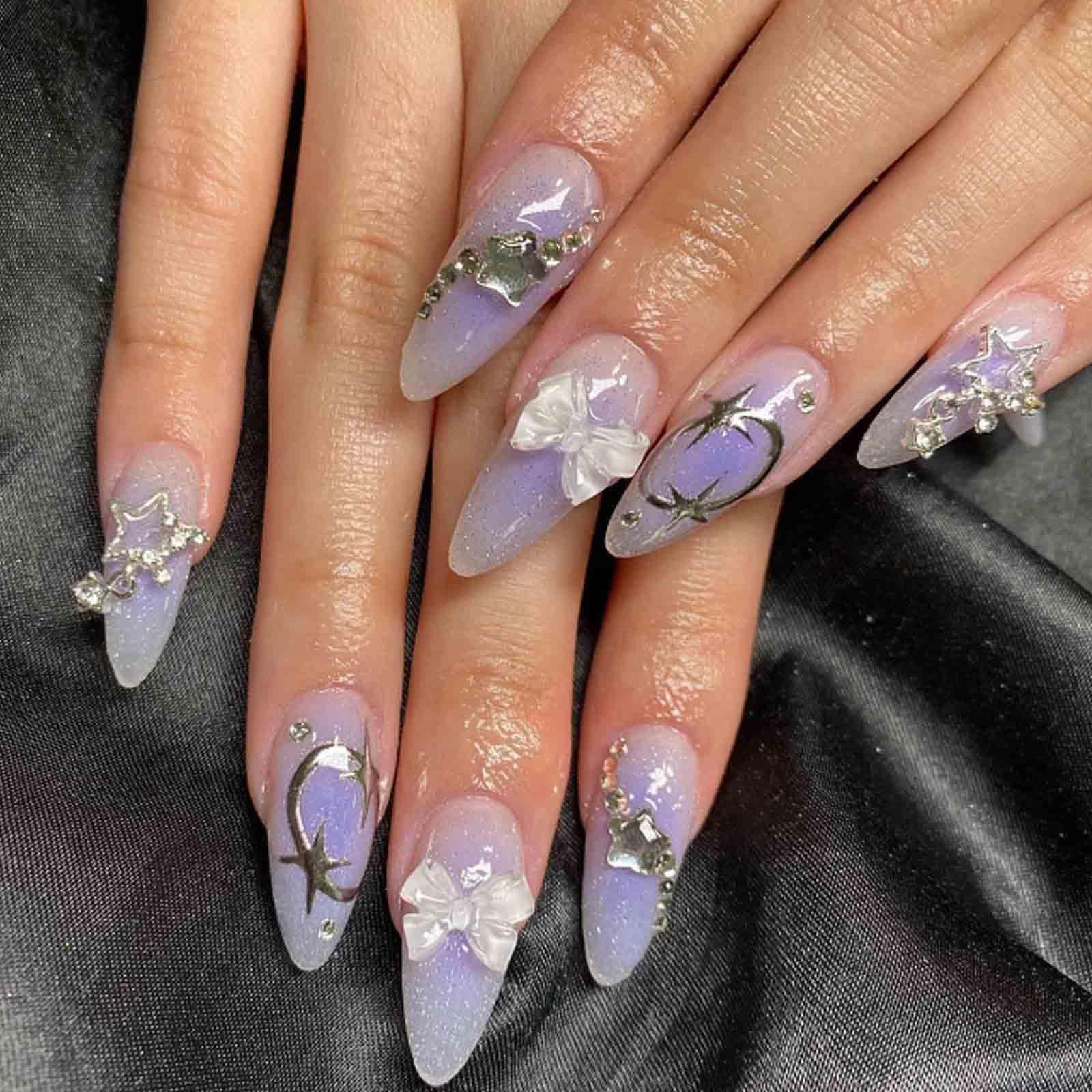 Amazon.com: Foccna Press on Nails Medium Pearl Black Fake Nails Almond ...