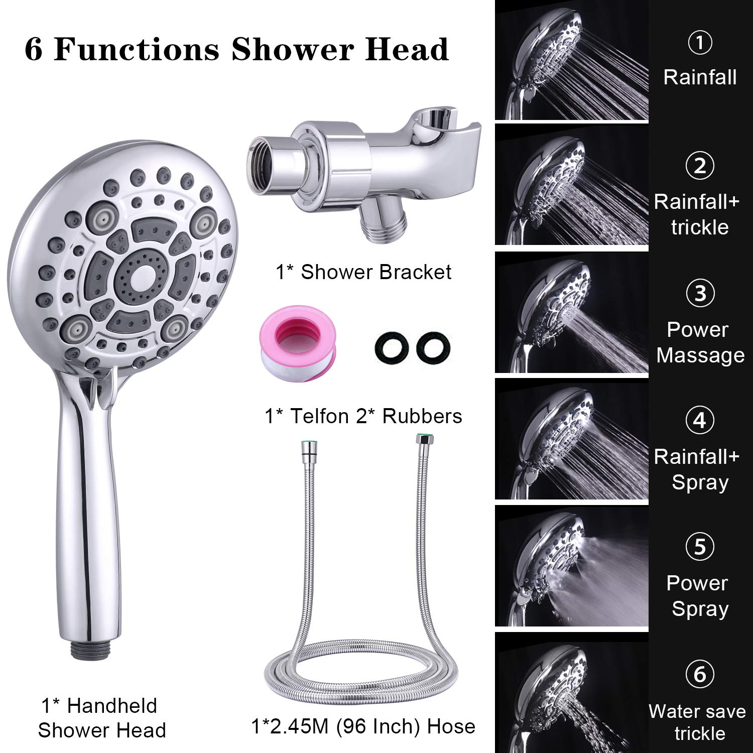 Shower Head, SR SUN RISE 6-Settings 4.8" High Pressure Handheld Shower ...