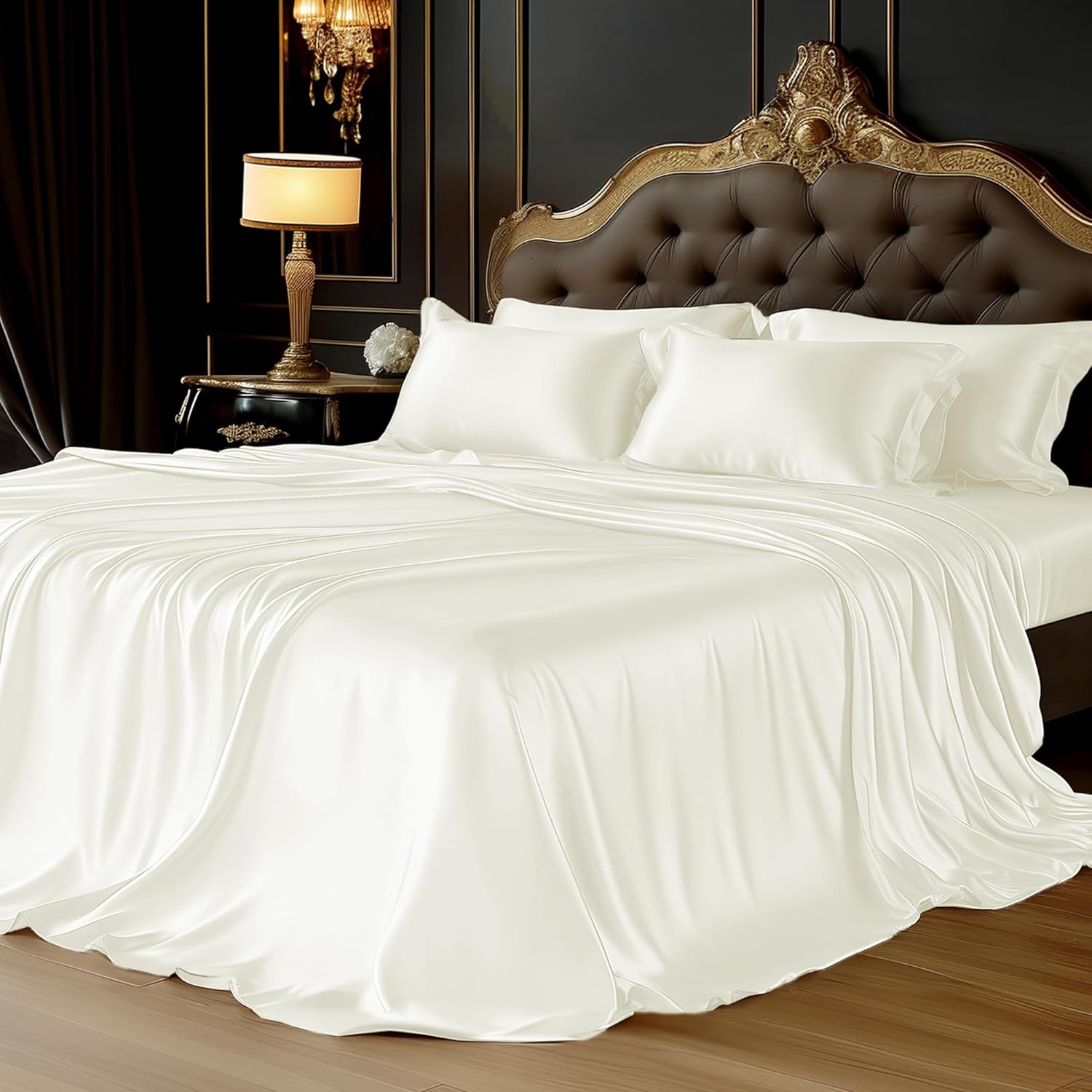 Amazon.com: Degrees of Comfort Ivory Satin Sheet Set for Queen Size Bed ...