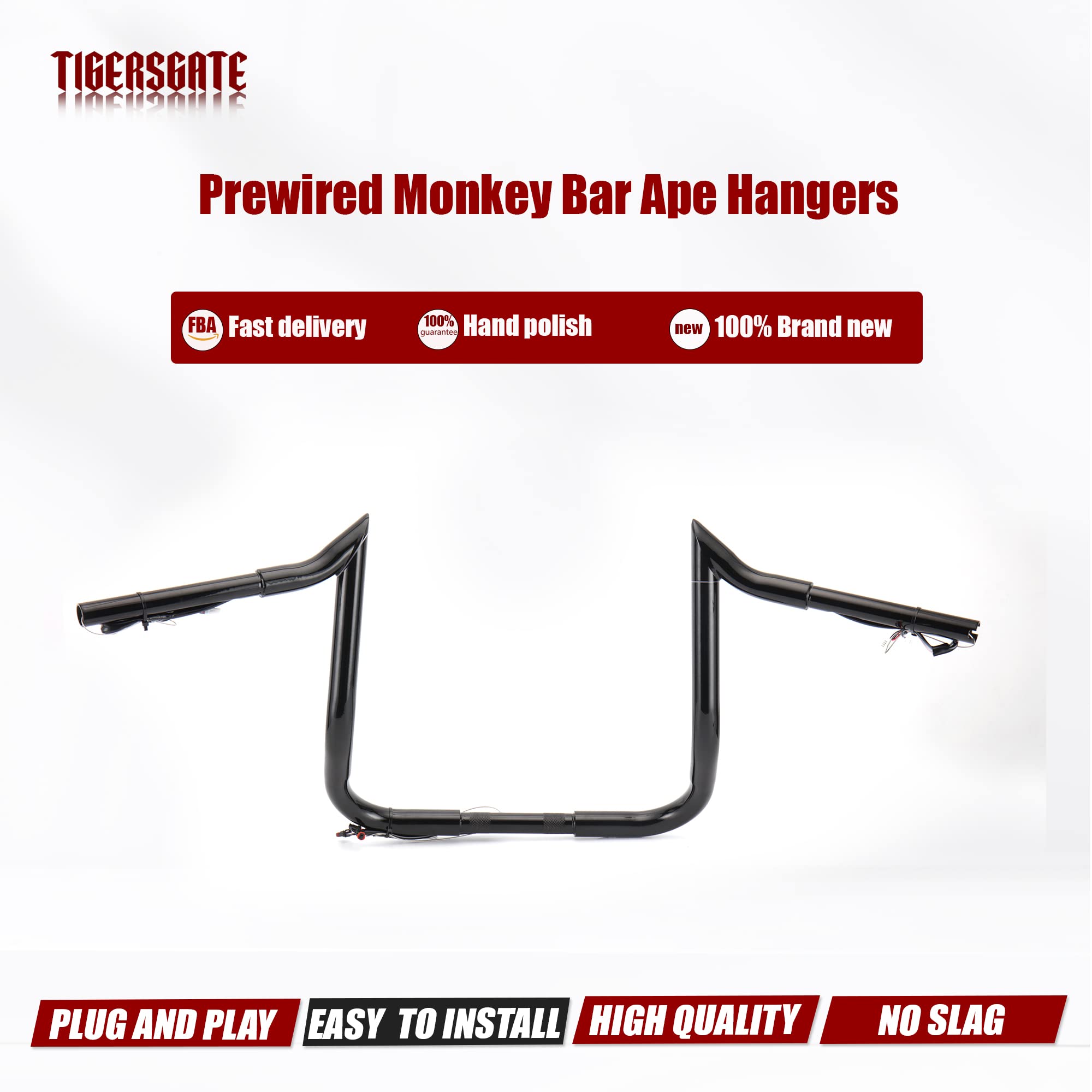 TIGERSGATE Black PRE-WIRED 14" Meathook Monkey Bar 1 1/4" Bagger Apes ...