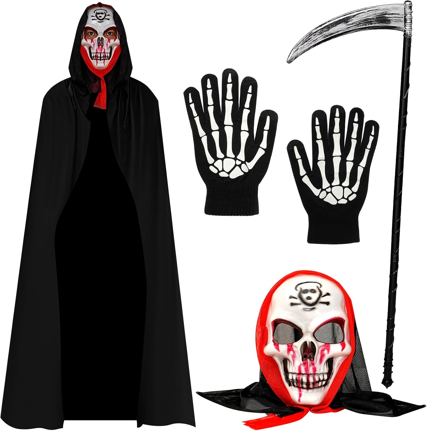 4 PCS Halloween Grim Reaper Adult Costume - with Grim Reaper Cloak ...