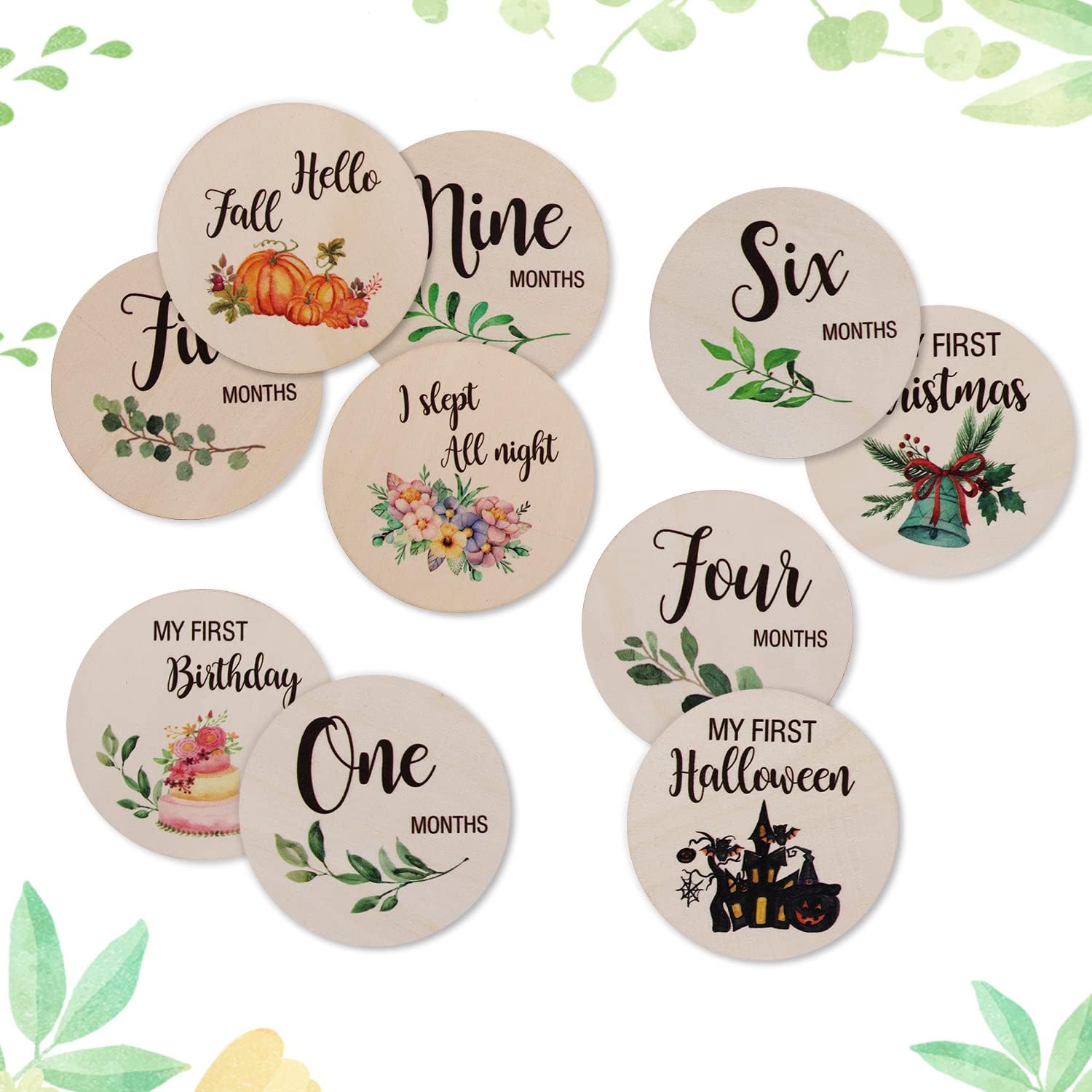 10pcs Baby Monthly Milestone Cards Sign, Round Double Sided Wooden ...