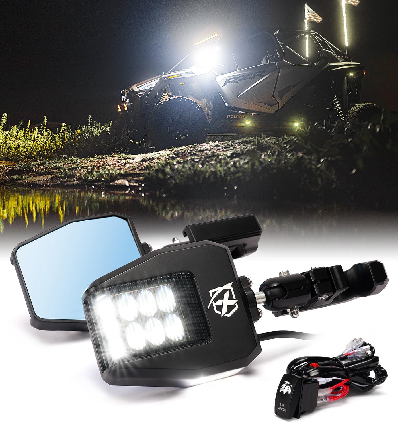 Amazon.com: Xprite UTV LED Side View Mirrors Aluminum w/Puddle Lights ...
