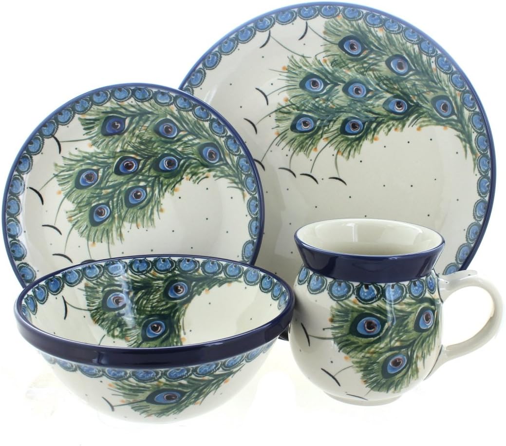 Amazon.com | Blue Rose Polish Pottery Peacock Feather 4 Piece Place ...
