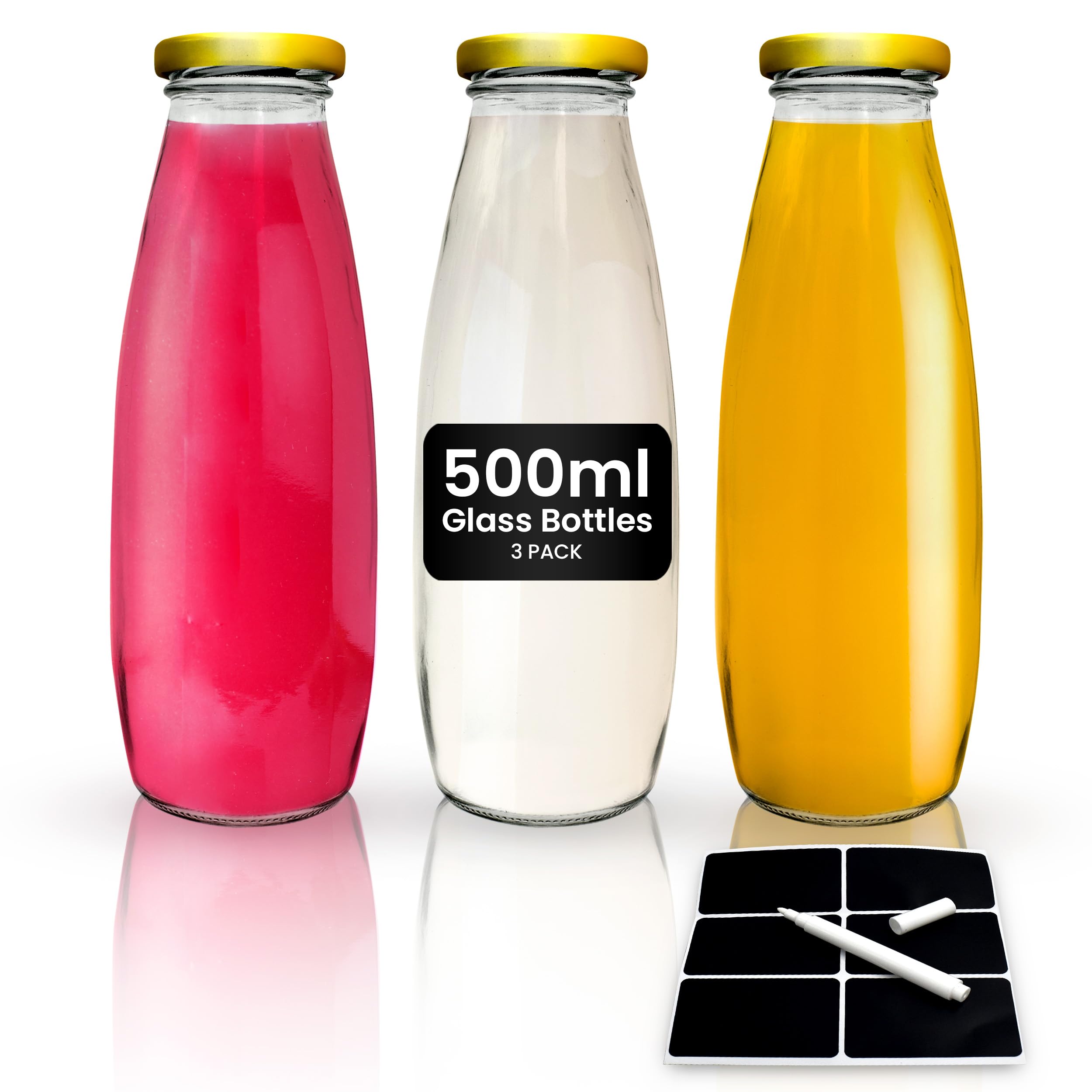 volila Glass Milk Bottles with Lids - 3 Pack x 500ml Glass Bottles with ...