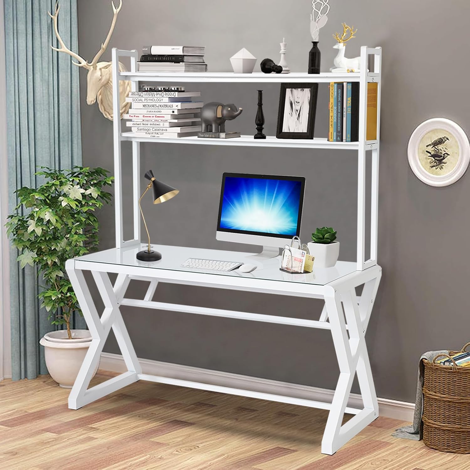 Amazon.com: URRED Computer Desk with Shelves - Glass Top and Metal ...