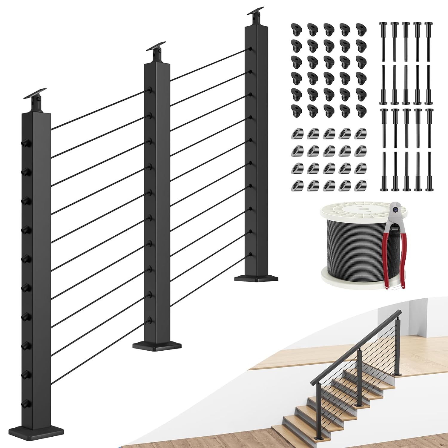 BLIKA Complete Set 36" Stair Railing Post Kit(Post 35"x2"x2"), Black 25 ...