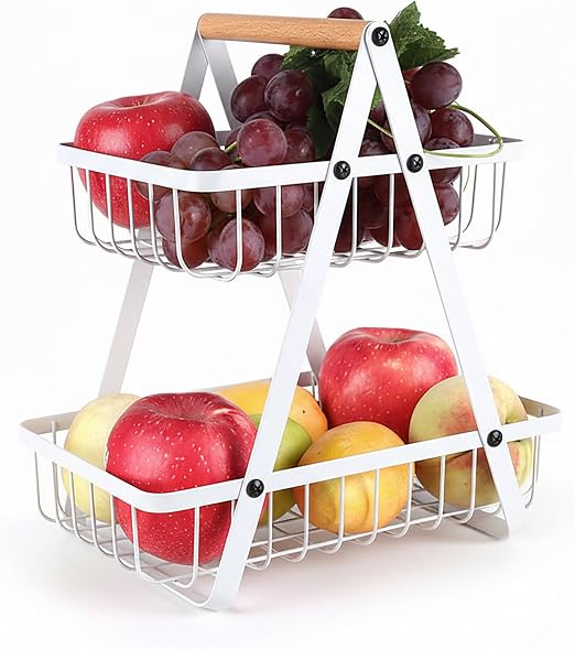 Relaxdays Fruit Stand, 2-Tier, Metal, Wooden Handle, H x W x D: 34 x 26 ...