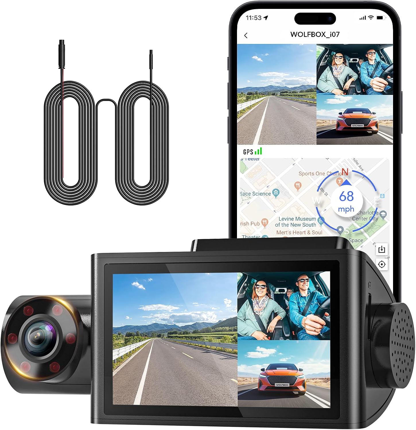 Amazon.com: 【i07 + 33ft Extension Cord】 WOLFBOX i07 Dash Cam, 3 Channel ...