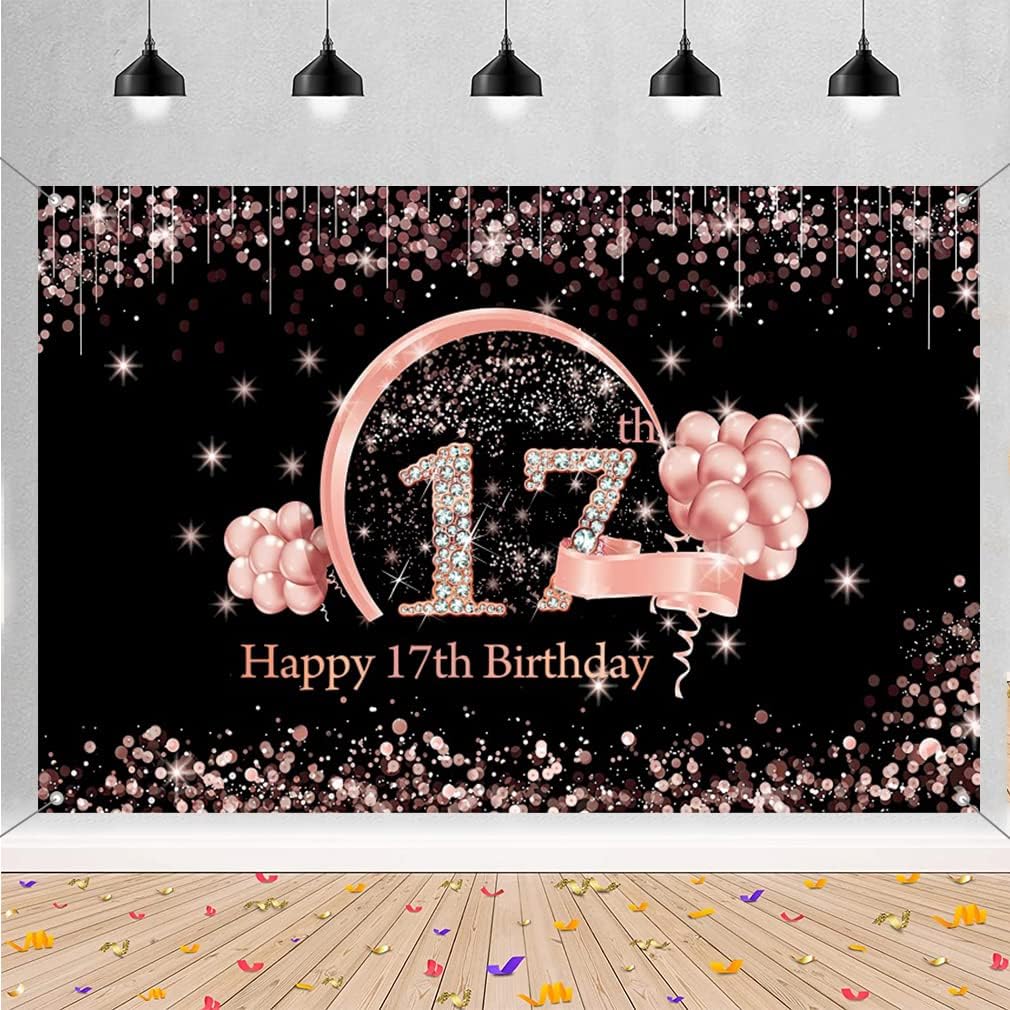 Amazon.com : Happy 17th Birthday Decorations Backdrop Banner for Girls ...