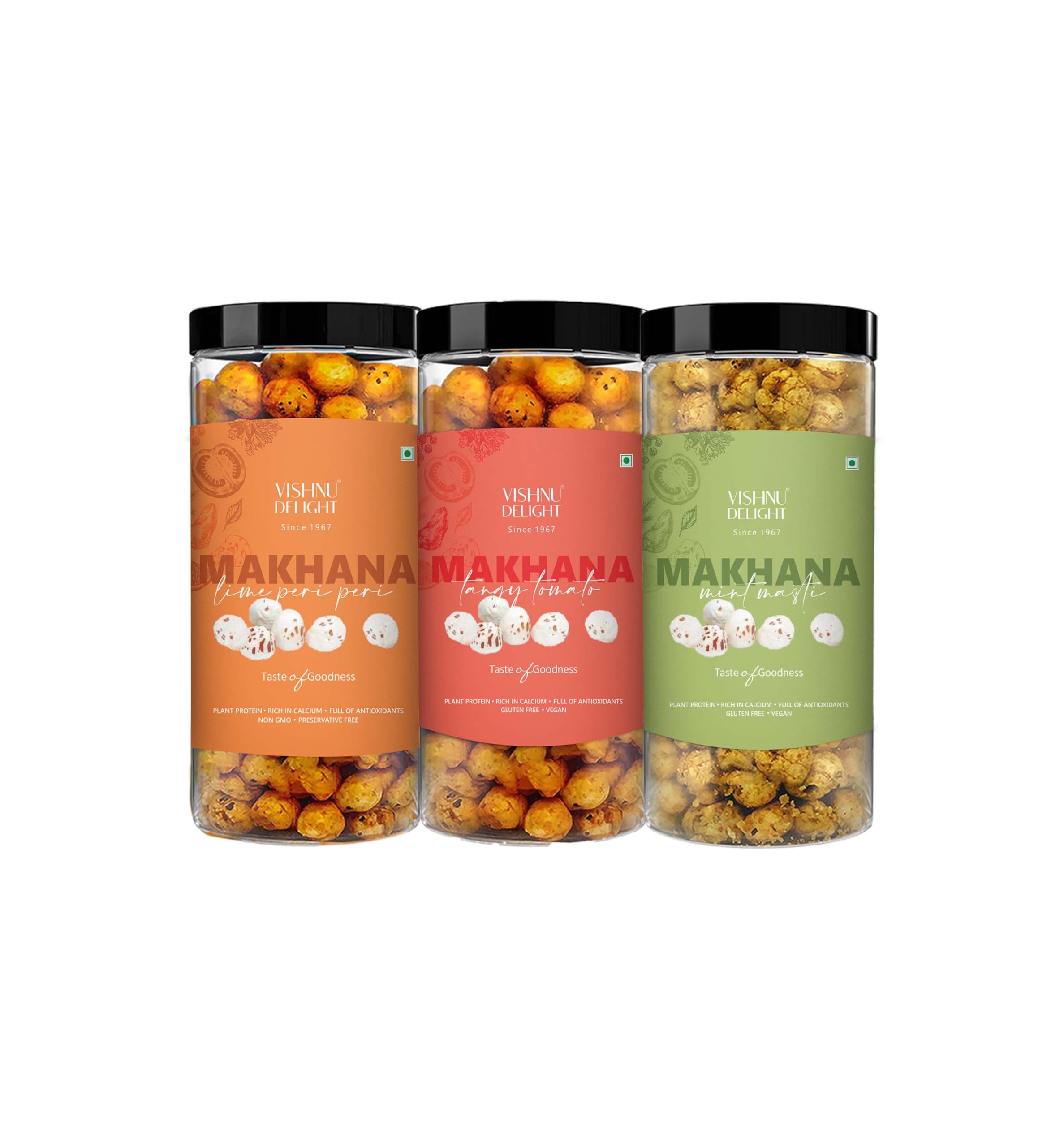 Vishnu Delight Flavoured Makhana Jar Combo - Mint Masti, Peri Peri, and Tomato Twist Flavors ...