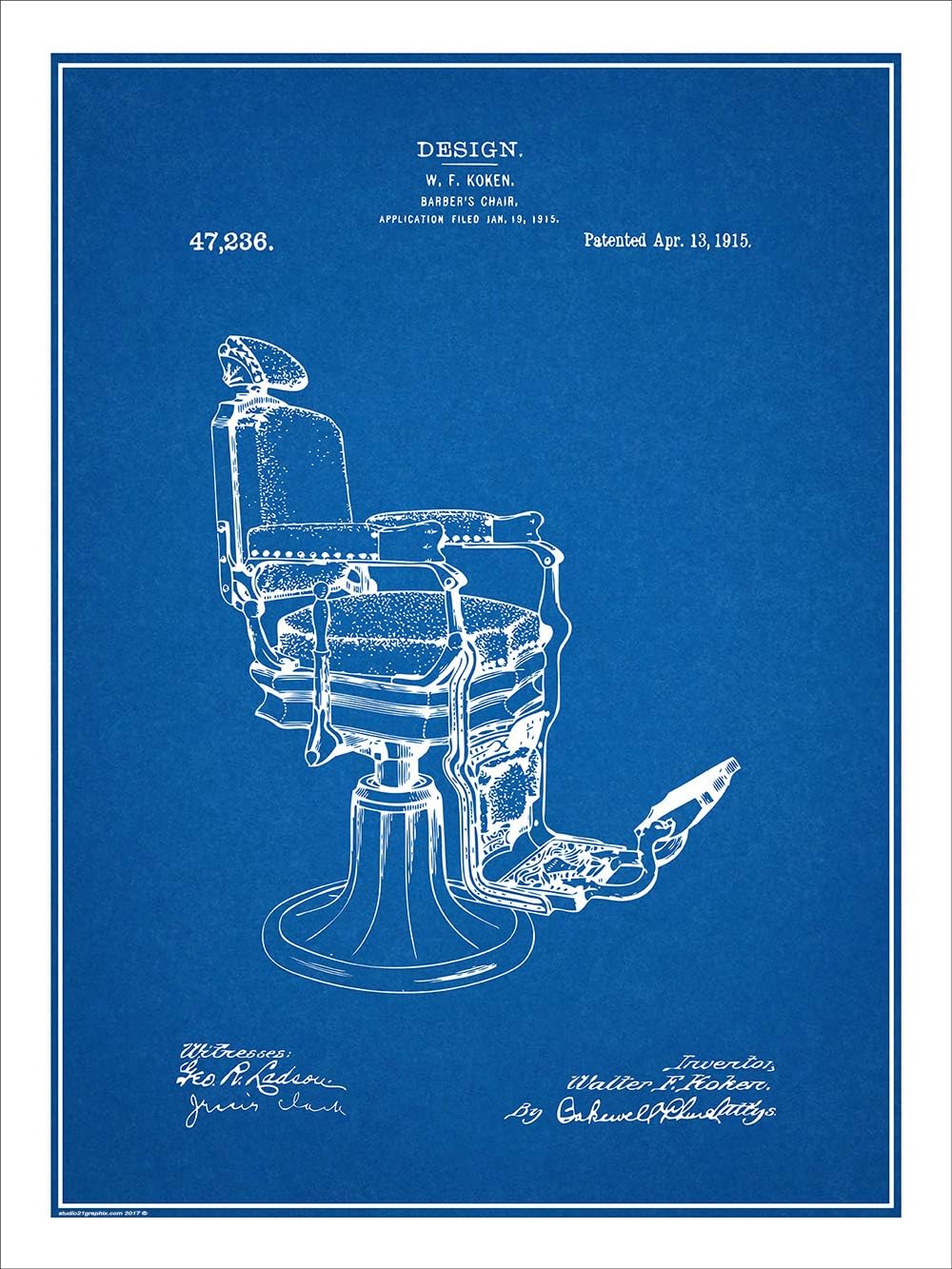 Amazon.com: Studio 21 Graphix 1915 Koken Barber's Chair Patent Print ...
