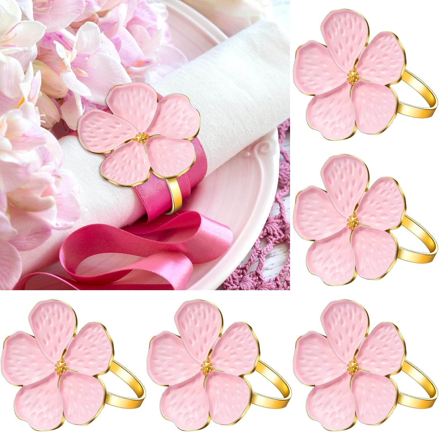 Amazon.com: Patelai 6 Pcs Pink Flower Napkin Rings Set, Holiday Floral ...