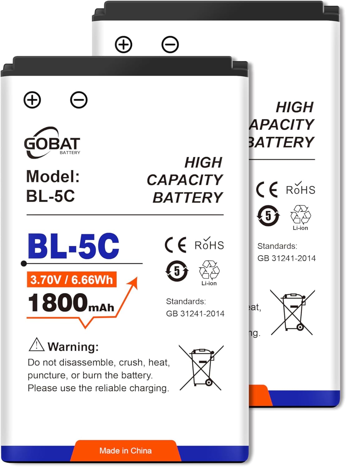 Amazon.com: GOBAT 2Pcs BL-5C Battery,1800mAh High Capacity Battery ...