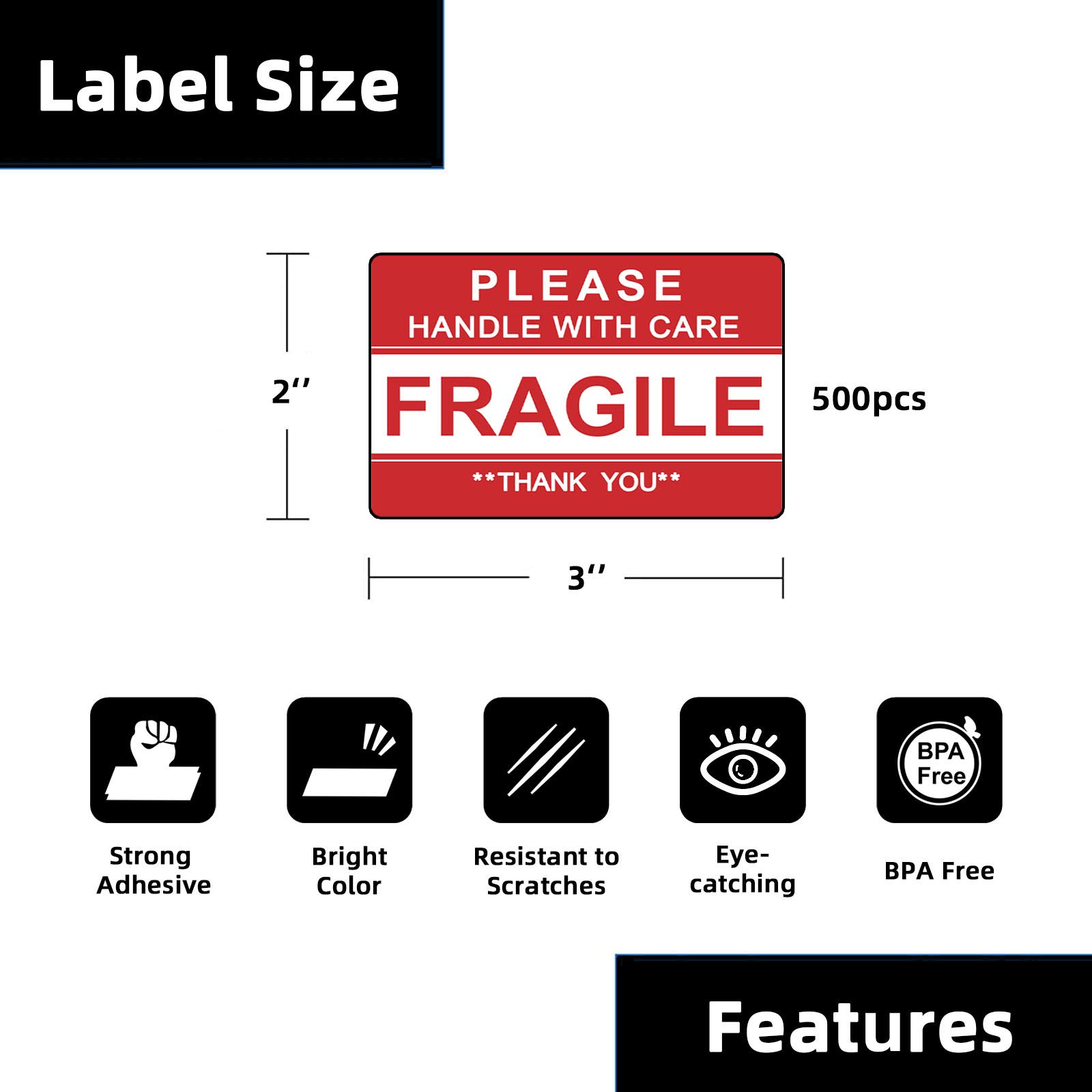 Fragile Stickers [12 Roll, 6000 Labels] 2" x 3" Handle with Care ...