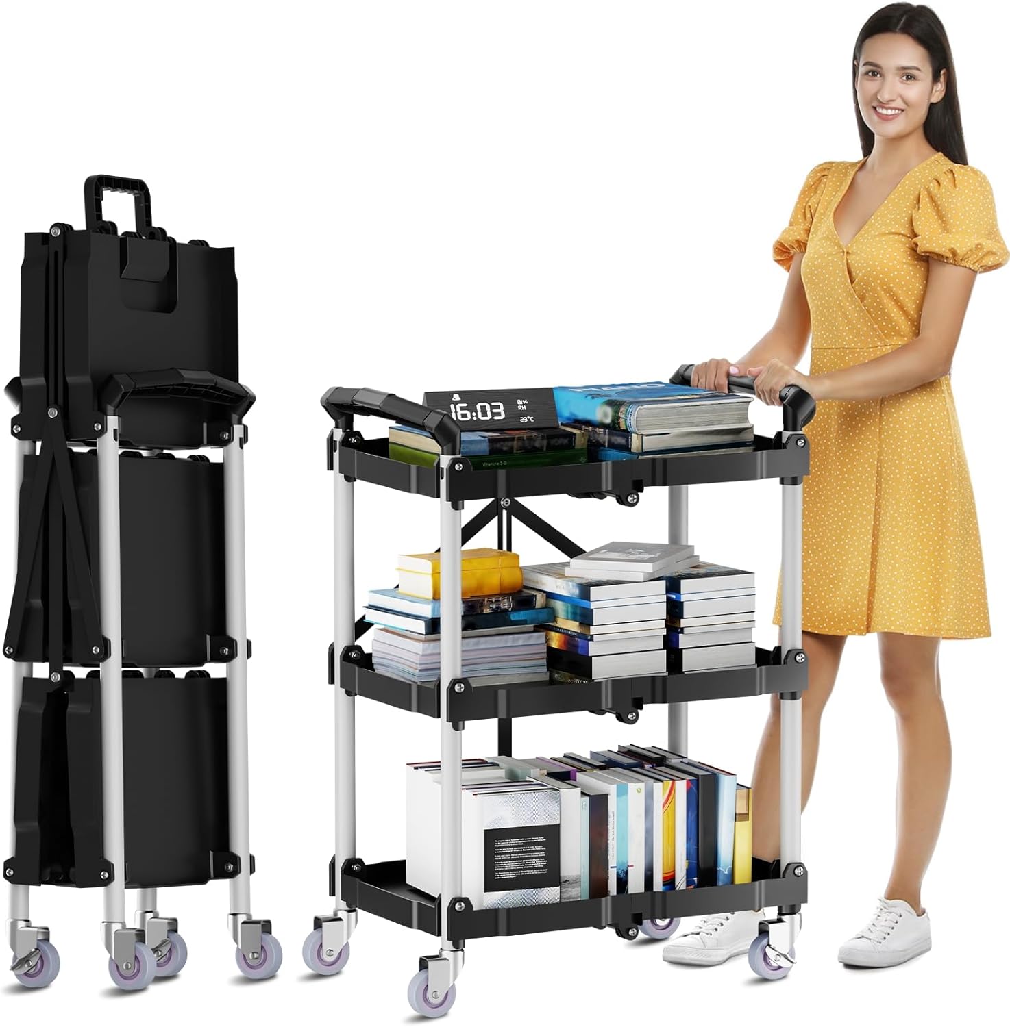 Amazon.com: Foldable Rolling Book Cart, 3 Tier Folding Utility Service ...