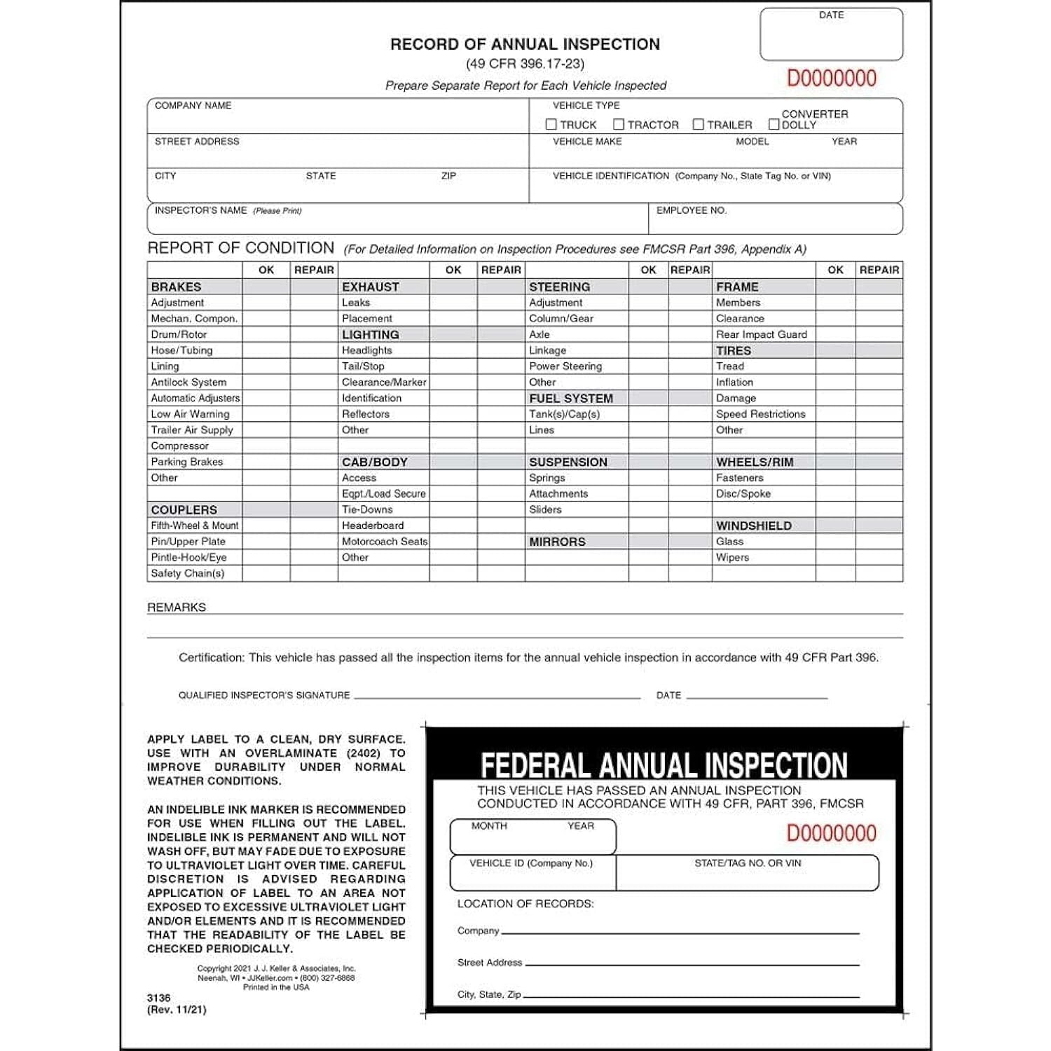 2-ply Snap-out Forms J. J. Keller 100-Pack Annual Vehicle Inspection ...