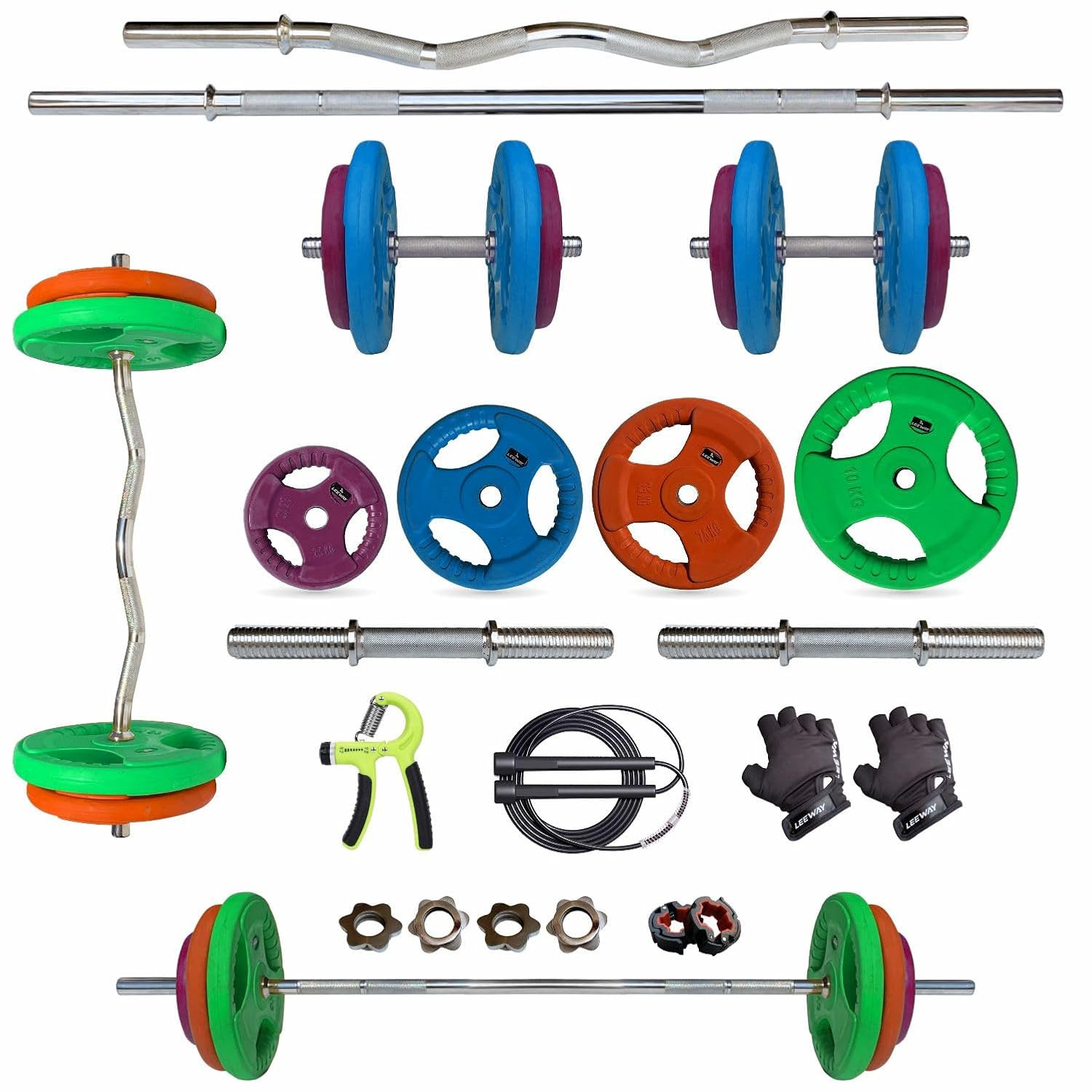 Leeway Home Gym Set with 30Kg Rubber Coated Weight Plates | 3Ft Curl ...